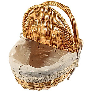 BESTonZON Wicker Storage Basket Wicker Picnic Basket with Gingham Liner Wooden Lid Easter Egg and Candy Basket Wine Basket Storage Basket for Beach Camping Park Outdoor Party Beige Storage Baskets