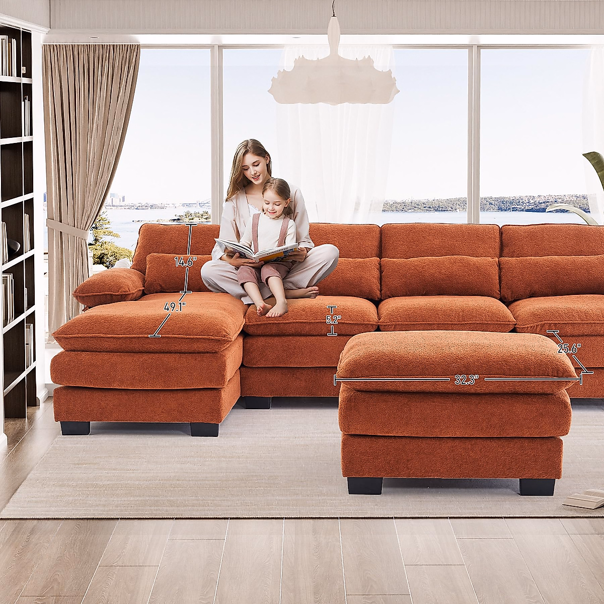 OUYESSIR 114" U Shape Sectional Sofa Cloud Couch for Living Room, Upholstery Comfy Modular Sofa, 4 Seat Chenille L-Shaped Sleeper Sofa with Chaise Lounge, Ottoman & Pillows,Orange