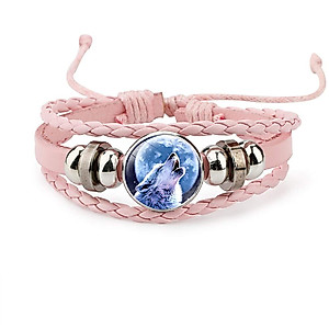 GOOKEY Adjustable Wolf Braided Leather Bracelet - Cute Bangle Bracelets for Women, The Pretty Gifts for Women (Pink)