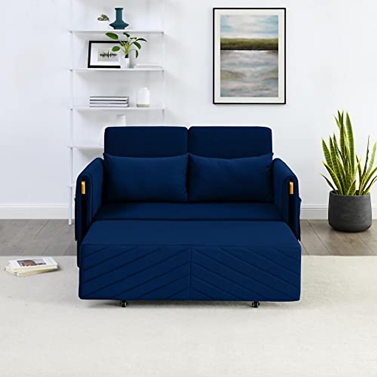 Xozor 54" Modern Convertible Sofa Bed - Adjustable Pull Out Couch Bed Sleeper Sofa,Velvet Loveseat with 2 Pillows and Side Pockets for Living Room, Office Or Bedroom, (Blue)