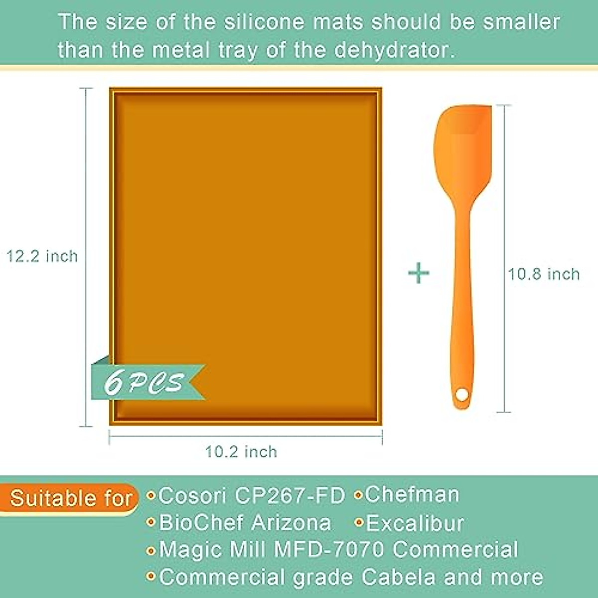 6PCS Silicone Dehydrator Sheets - Nonstick fruit leather trays for dehydrator with Silicone Scraper Compatible with Cosori CP267-FD High Temperature Resistance Reusable for Fruits Meat Vegetables Herbs (Orange)