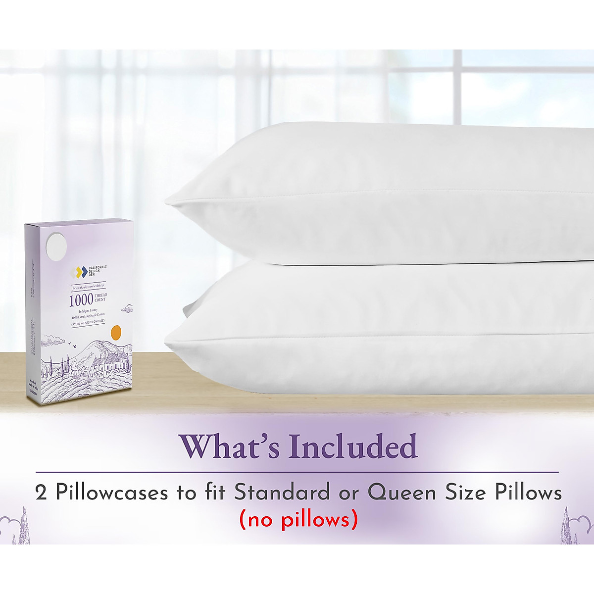 1000 Thread Count, Soft & Smooth, 100% Cotton Sateen Weave, Hotel-Quality, Set of 2 Classic Style Bright White Pillow Cases Standard Size Fits Std & Queen Size Pillows