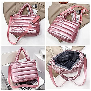 Ovida Women Puffer Tote Bag Puffy Shoulder Bag Quilted Top-Handle Crossbody Bag Down Cotton Padded Tote Handbag with Zipper (Pink)