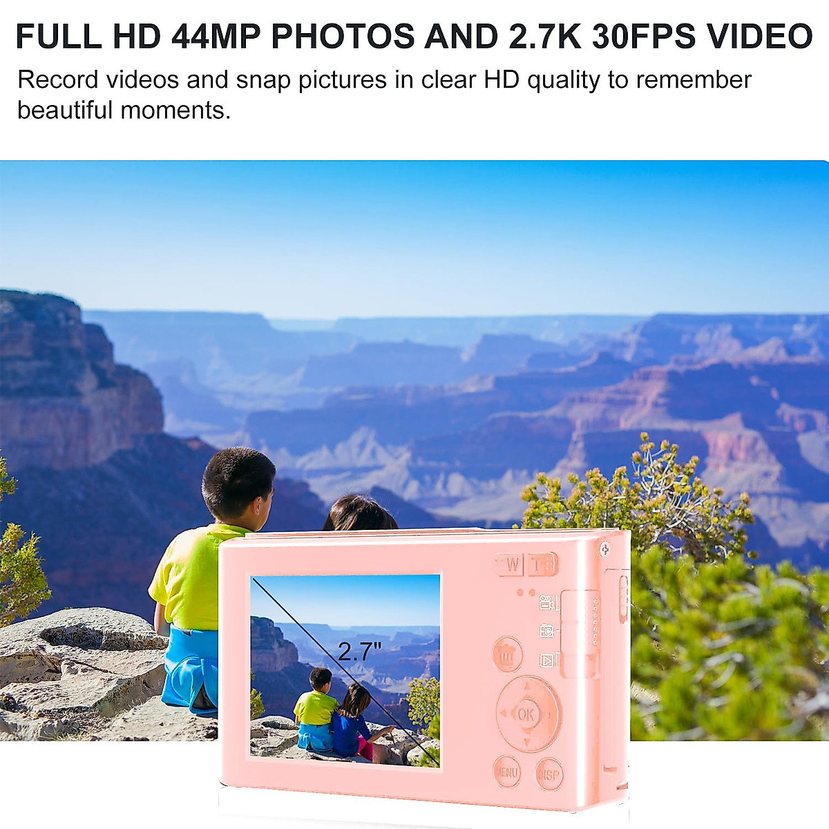 Acuvar 44MP Compact Point & Shoot Digital Camera, 16X Digital Zoom, 2.4 Inch Screen & 32GB SD Card, Card Reader, 6" Tripod & 6PC Card Holder Vlogging Camera for Kids Teens Students Boys Girl (Pink)