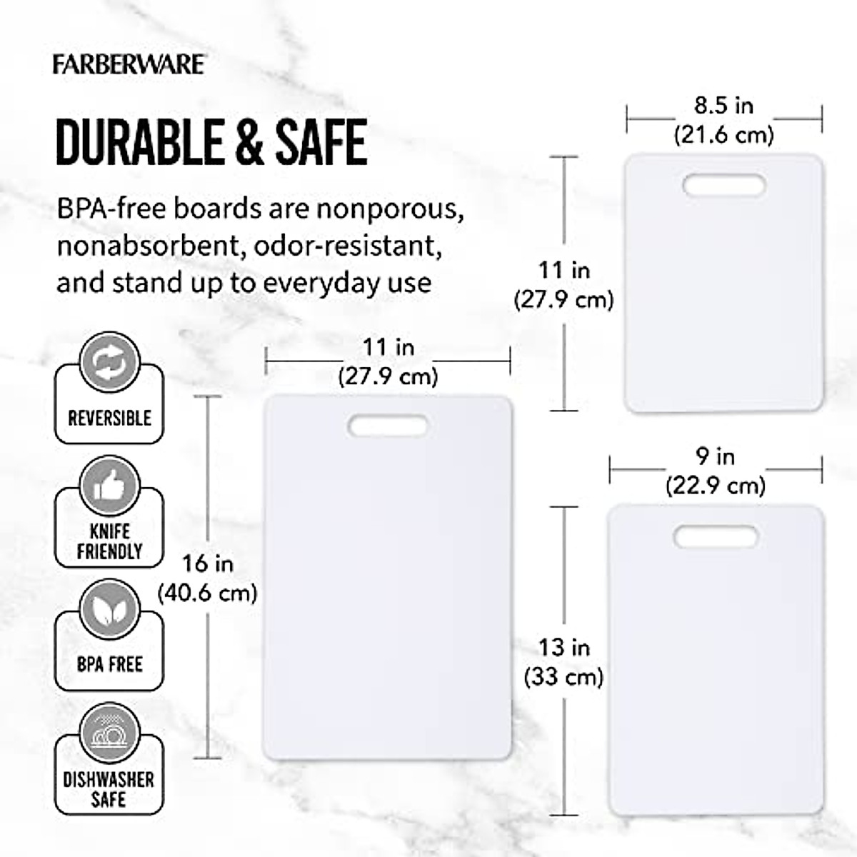 Farberware Plastic Cutting Board Set, Dishwasher- Safe Poly Chopping Board for Kitchen with Easy Grip Handles, Set of 3, White
