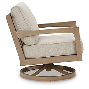 Signature Design by Ashley Hallow Creek Cottage Weather Resistant Outdoor Swivel Lounge with Cushion, Light Brown & Beige