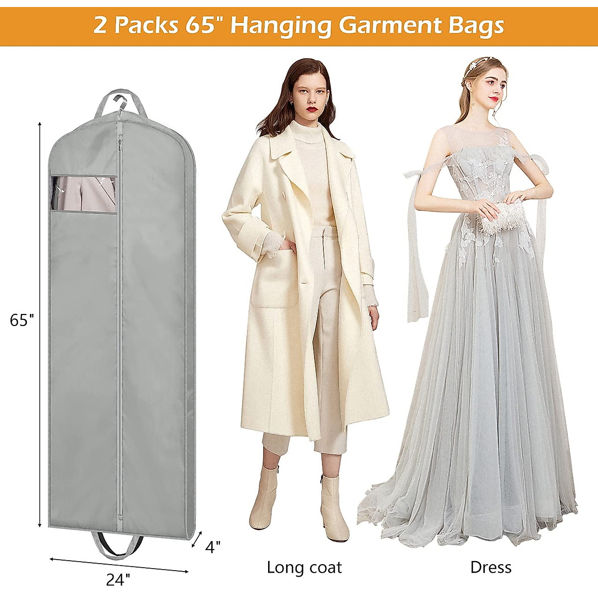 MISSLO 65" Long Garment Bags for Travel Dress Bags Wedding Dress Cover Waterproof Clothing Bags Storage Traveling Clothes Protector for Closet Wardrobe Bags 2 Packs for Gowns, Tuxedos, Coats, Gray