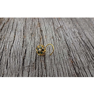 Emerald Nose Stud Crock Screw Flower Ring Gold Unique Indian Piercing CZ Simulated Diamond Jewelry, Green,White,Emerald