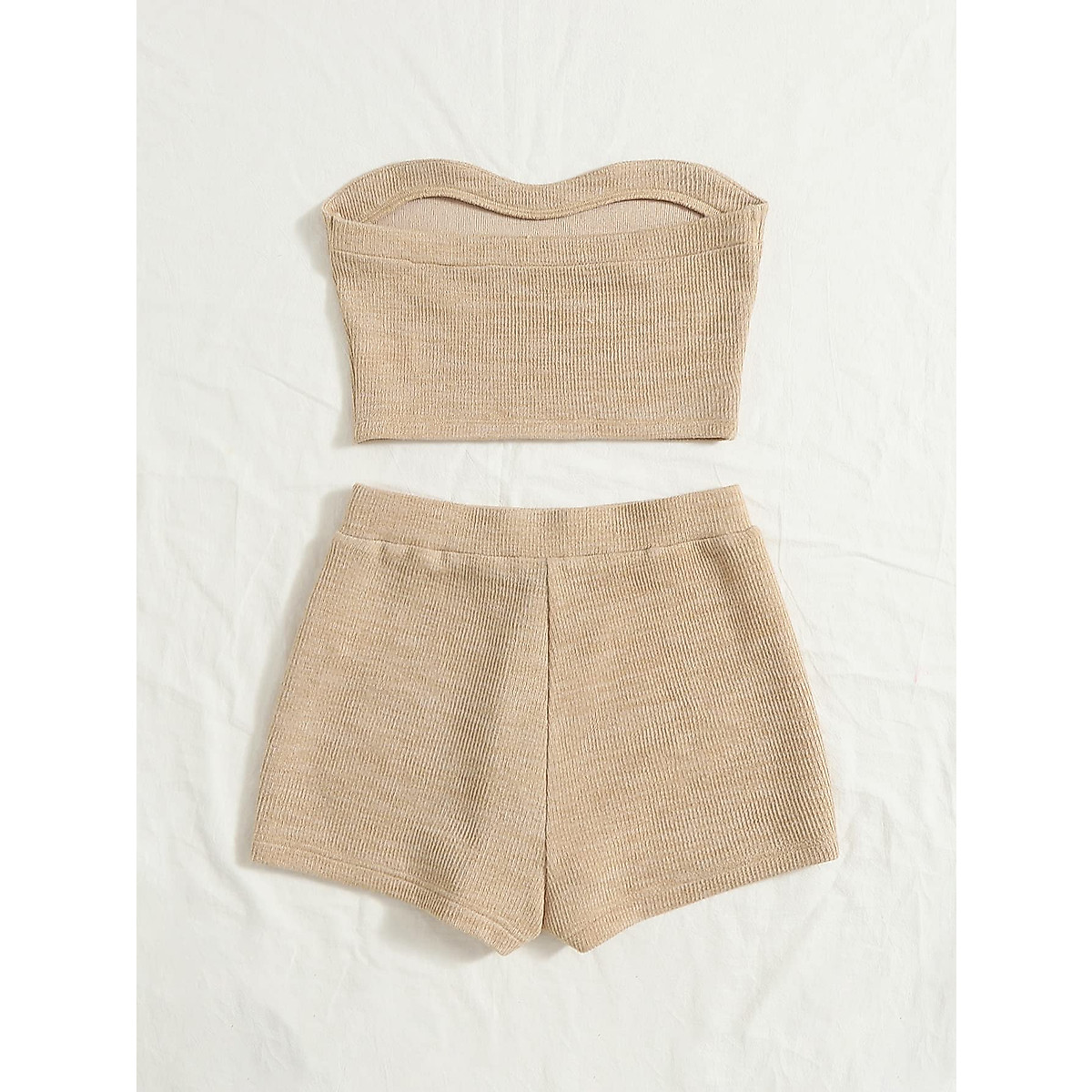 Verdusa Women's 2 Piece Outfit Ribbed Crop Bandeau Tube Top and Biker Track Shorts Sets Khaki M