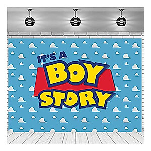 XLL Cartoon Boy It's a Boy Story Photography Backdrop Birthday Party Photo Background Blue Sky White Clouds Photography Backdrops Baby Shower Kids Hero Photo Booth Studio Props 7x5ft