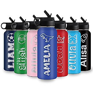 Personalized Water Bottles for Kids, 18 oz Custom Name Insulated Water Bottle With Straw, Stainless Steel Reusable Waterbottle Gifts for School Girls Boys Men Women - Icon Design