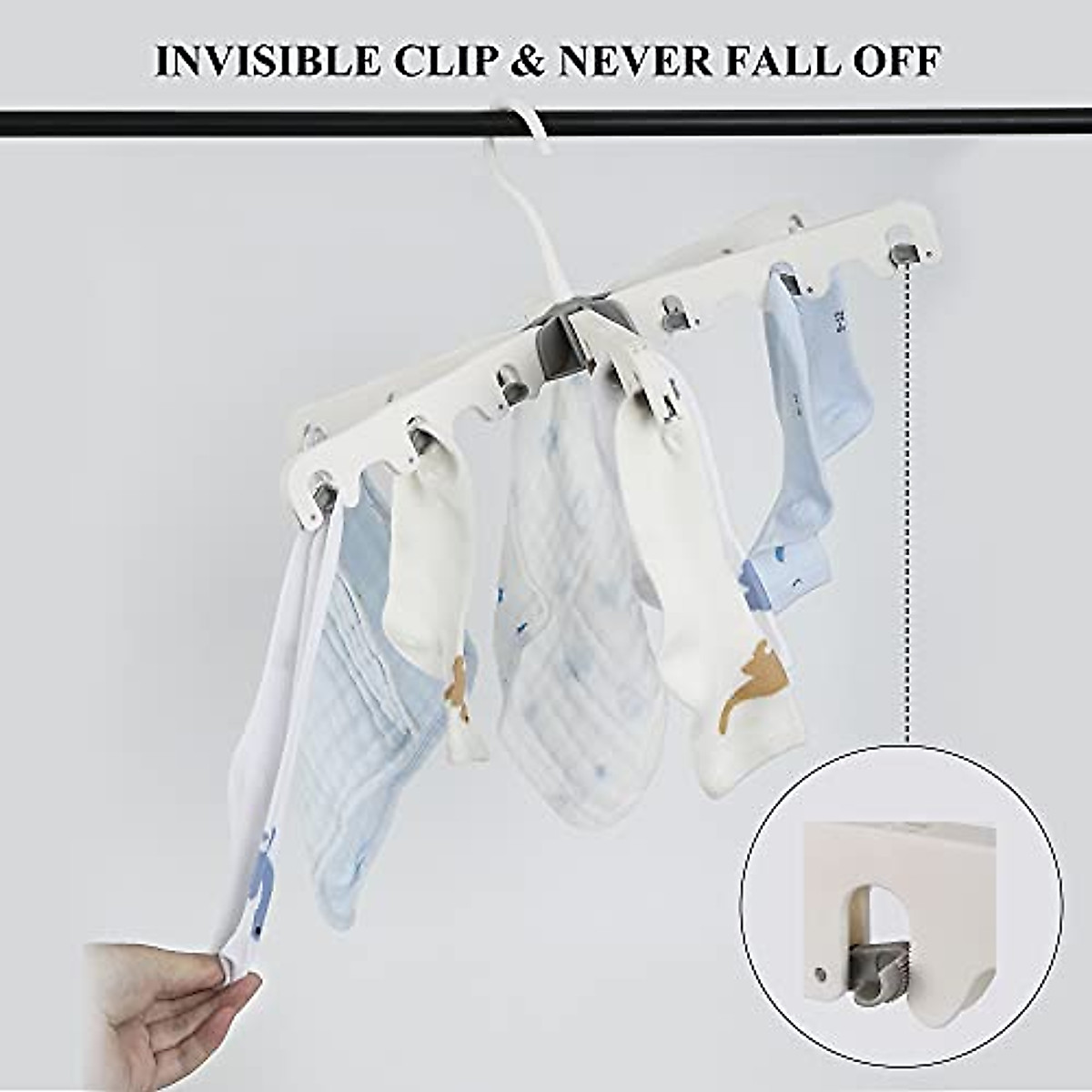 LTH-GD Hanger with Clips for Drying Underwear and Socks, Foldable Clothes Hangers with 18 (Invisible), Handy and Sturdy, Great for Masks, Bras, Baby’s Cloth Diaper, Toys and Other Small Items,White