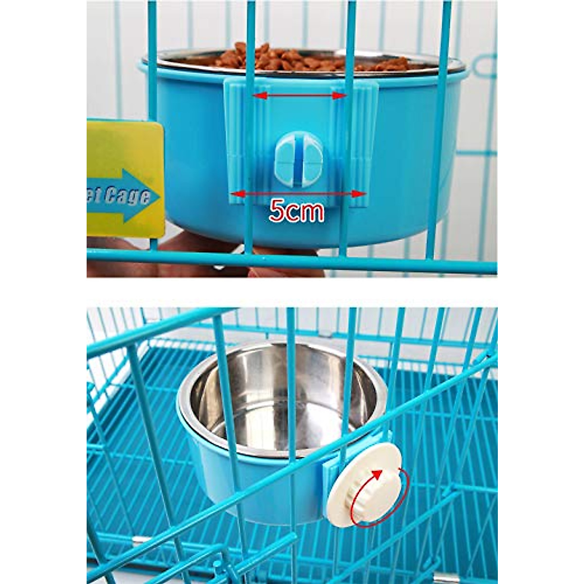 RUBYHOME Dog Bowl Feeder Pet Puppy Food Water Bowl, 2-in-1 Plastic Bowl & Stainless Steel Bowl, Removable Hanging Cat Rabbit Bird Food Basin Dish Perfect for Crates & Cages, Blue
