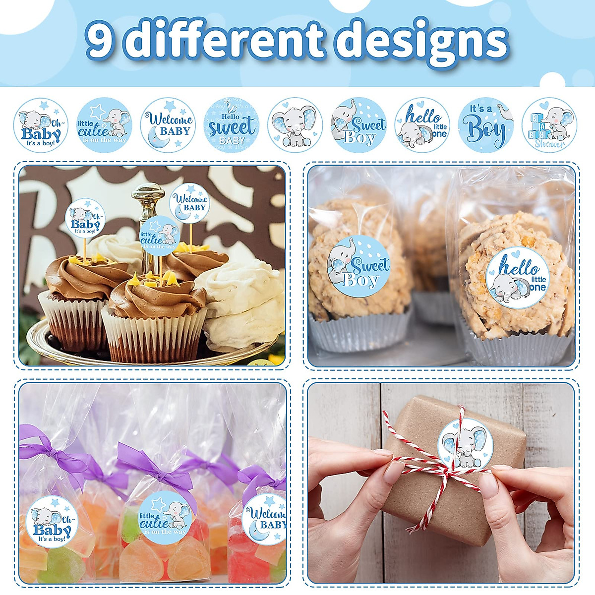 504 Pieces Baby Elephant Stickers Elephant Candy Stickers Labels Elephant Kisses Sticker Chocolate Mini Decorations for Sweet Girl Boy Baby Shower Birthday Party Supplies (Blue)