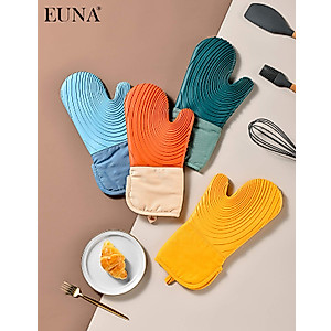 EUNA Silicone Oven Mitts, Heat Resistant Oven Mitts and Pot Holders Sets, Non-Slip Kitchen Mittens with Mini Oven Gloves and Hot Pads, Perfect for Baking Cooking, Quilted Liner, Gift Box, Blue & Azure