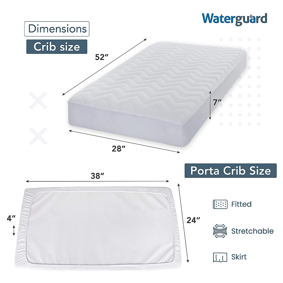 Waterguard Quilted Cotton Mattress Pad - Crib Size - Soft, Comfortable, and Fluffy Mattress Pad - Waterproof Mattress Protector Stretched 7" for Snug Fit on Regular Sized Mattress.