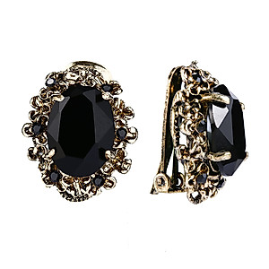 BriLove Victorian Style Clip On Earrings for Women Crystal Floral Cameo Inspired Oval Earrings Black Antique-Gold-Toned.