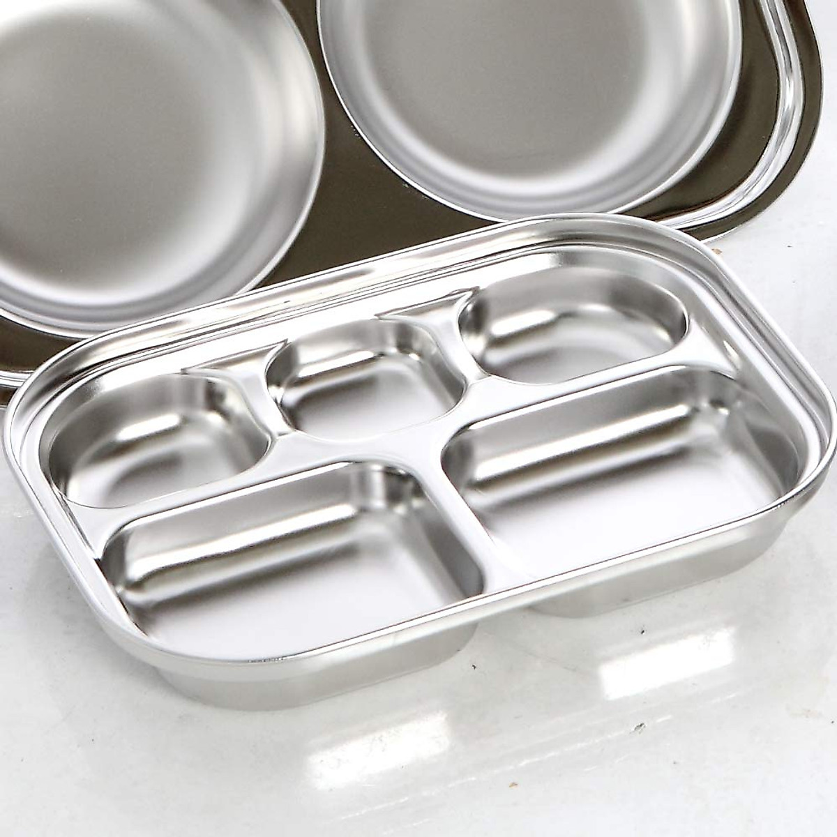 SU company Stainless Steel Divided Tray Divided Plate Diet Plate Diet Food Control Tray 5 Compartment Food Tray 2Pack