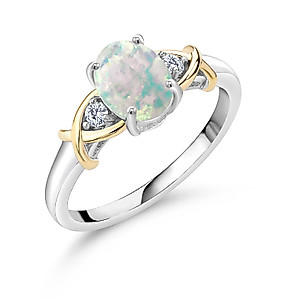 Gem Stone King 2 Tone 10K Yellow Gold and 925 Sterling Silver Oval Cabochon White Simulated Opal and Lab Grown Diamond Women Ring (1.08 Cttw, Available in Size 5,6,7,8,9)