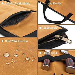 Chef Knife Case, 4 Slots Portable Knife Roll with Handle, Heavy Duty 16oz Waxed Cavas, Knife Holder with Professional Cut-Resistant Fabric Lining, Khaki