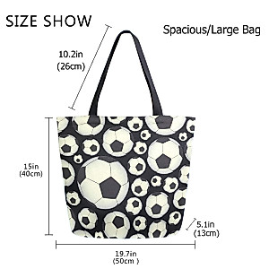 ZzWwR Cute Soccer and Football Balls Pattern Large Canvas Gym Beach Travel Reusable Grocery Shopping Tote Bag Foldable Handbag,Black White