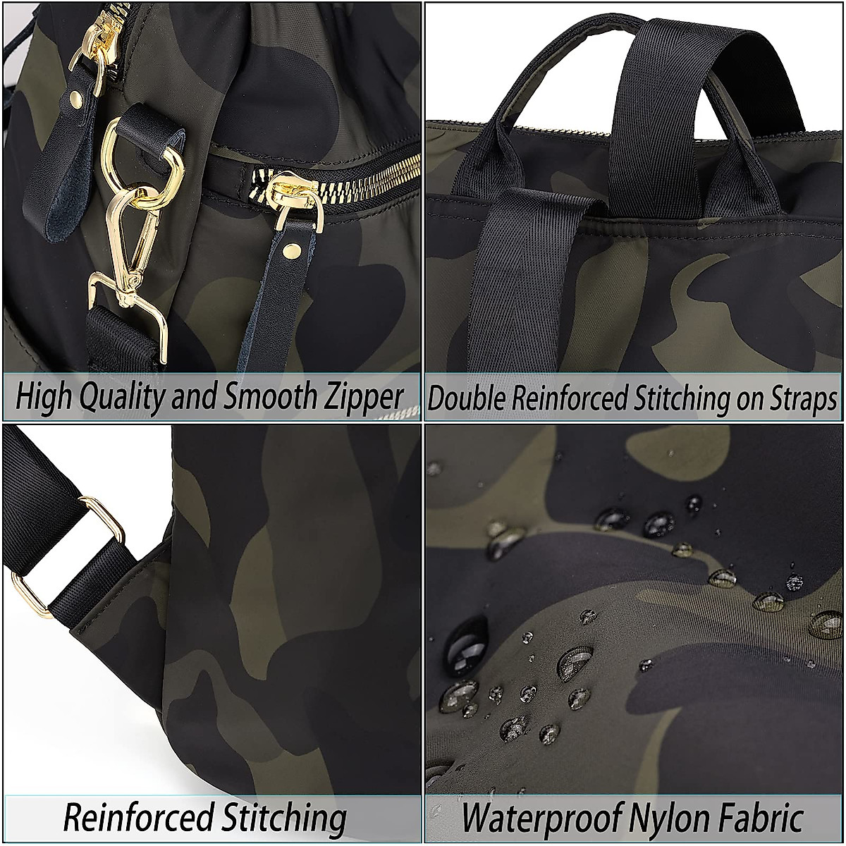 UTO Camo Waterproof Backpack for Women Durable Nylon Multipurpose Roomy Multi pockets Travel Business Shoulder Bag Zoya Camo Green