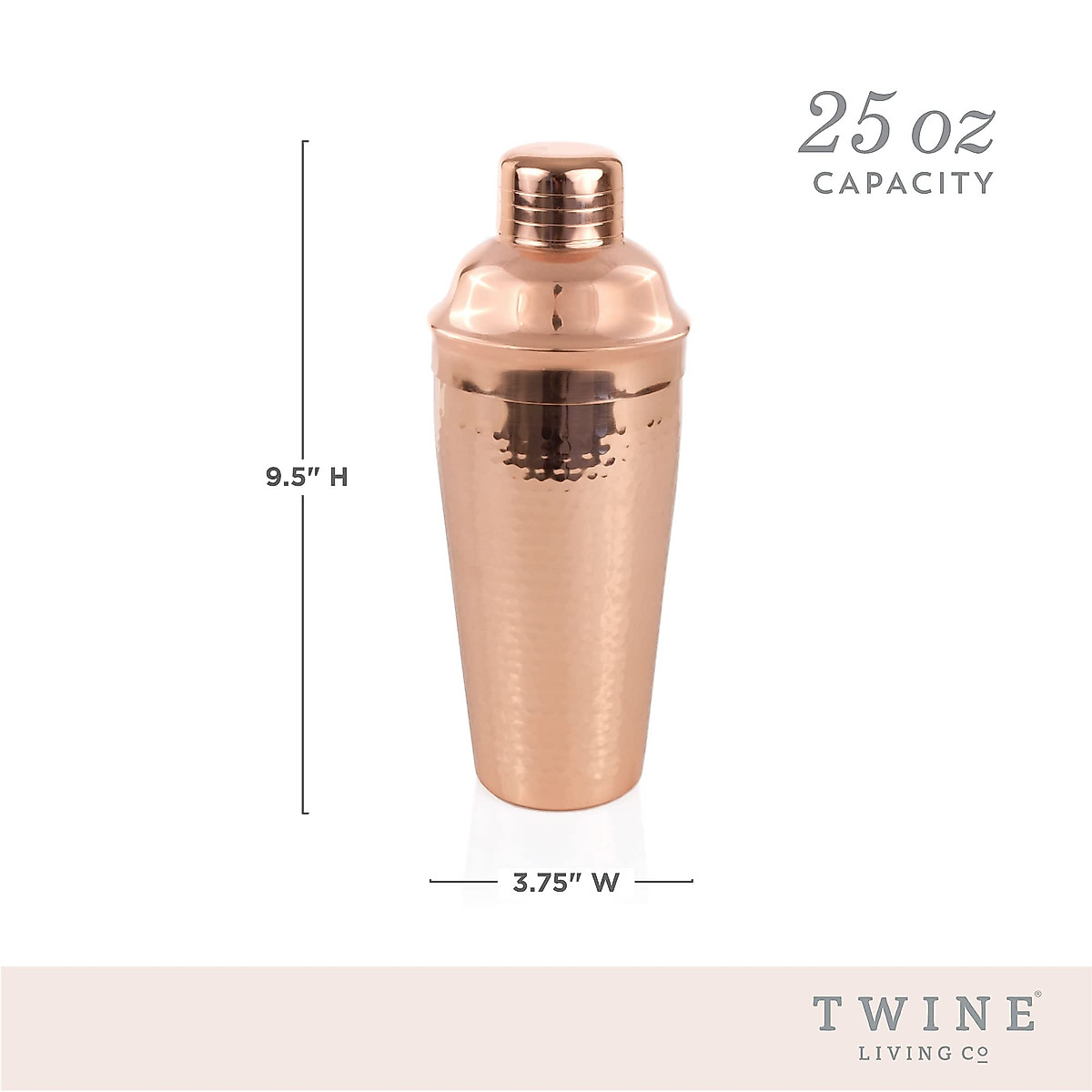 Twine Hammered Copper Cocktail Shaker, Stainless Steel Cobbler Shaker With Strainer, Copper Plated, 25 Ounces, Set of 1