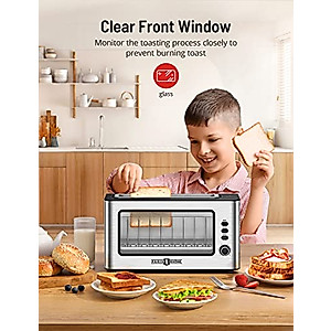 Toaster, Paris Rhône Toaster 2 Slice Extra Wide Long Slot Retro Toaster with Easy View Window, 6 Browning Levels, Easy to Clean, Auto Shutoff, Stainless Steel Silver Toaster for Bagels, Waffles (Silver)