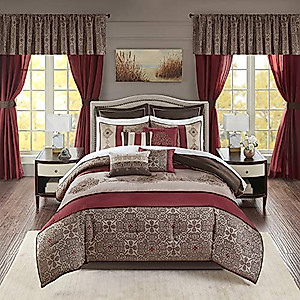 Madison Park Essentials Delaney 24-Piece Room In A Bag Comforter Set-Satin Jacquard, All Season Luxury Bedding, Sheets, decorative pillows and Curtains, Valance, Cal King(104"x92"), Medallion Red