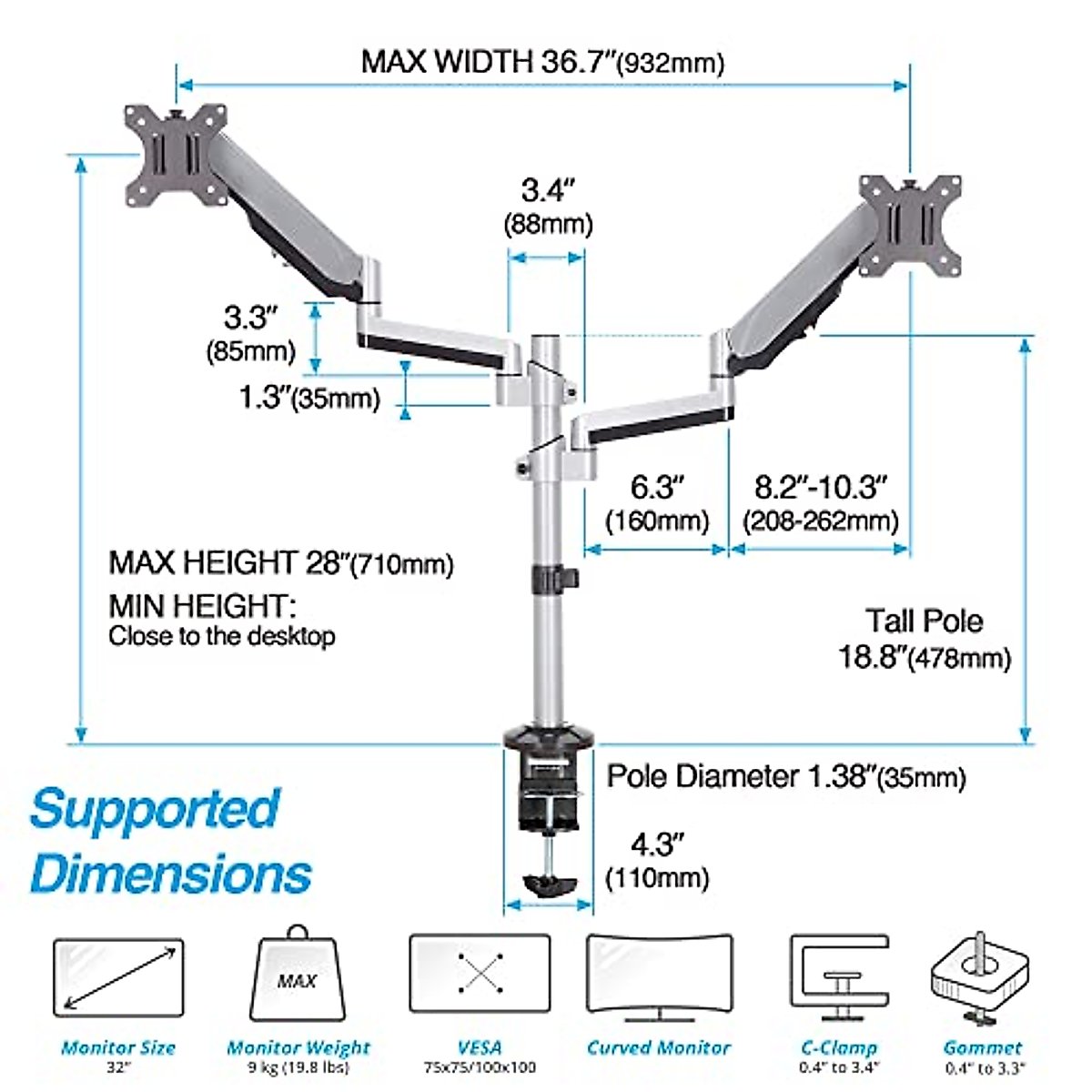 AVLT Dual 13"-32" Stacked Monitor Arm Desk Mount fits Two Flat/Curved Monitor Full Motion Height Swivel Tilt Rotation Adjustable Monitor Arm - Extra Tall/VESA/C-Clamp/Grommet