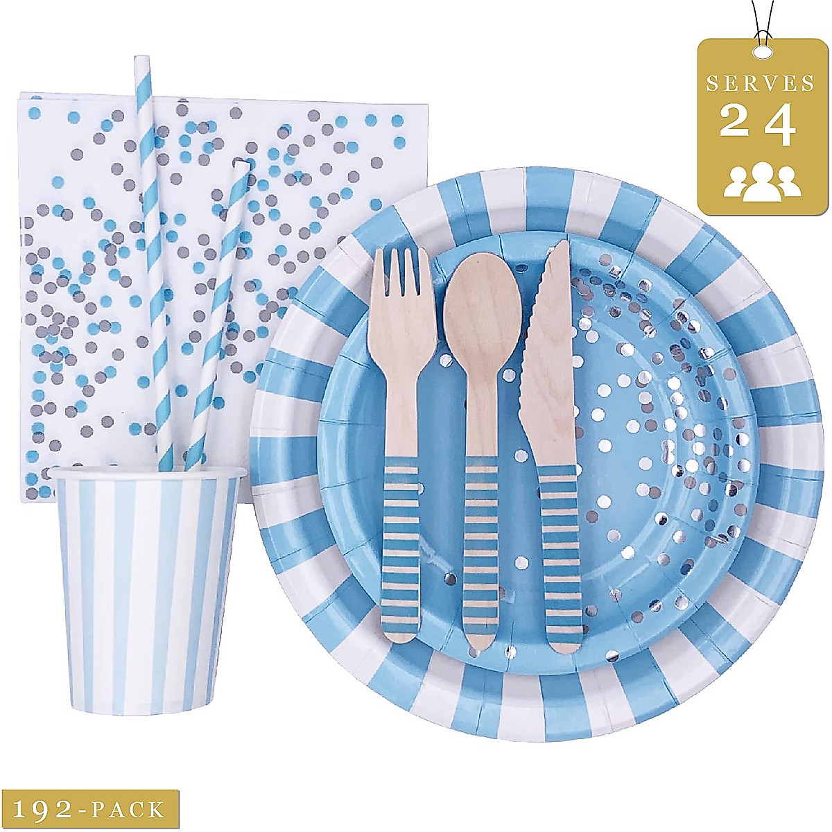 Blue Striped Birthday Party Supplies, Baby Shower Dinnerware Set, Paper Plates, Napkins, Cups and Wooden Cutlery (Serves 24, 192 Pieces), MP03