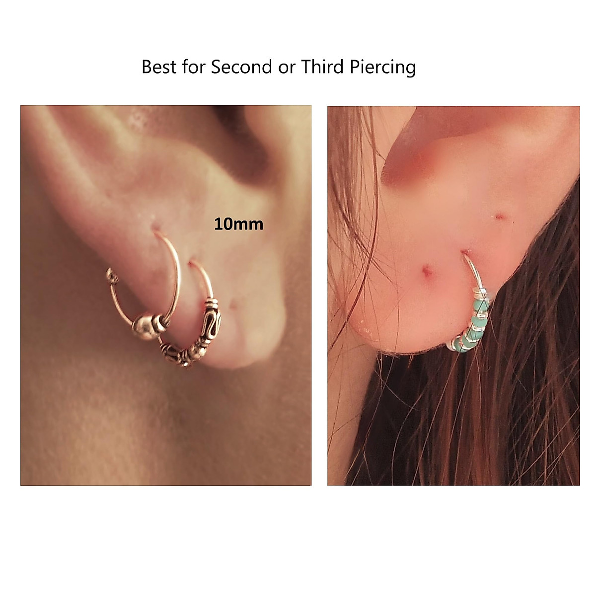 Handmade Silver 3Pcs Very Small 10MM Cartilgae Helix Piercing Hoop Earrings, 925 Sterling Silver, Thin 22Gauge Triplet Set of 3 Original Hoops for women, 1xBeaded 1xSpiral 1xBall, By Miya Jewelry