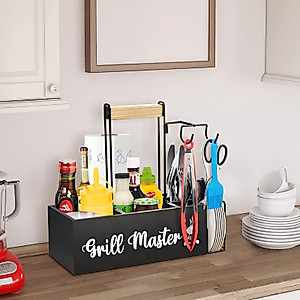 Grill Utensil Caddy, Picnic Condiment Caddy, BBQ and Grill Caddy with Paper Towel Holder & Paper Plate Holder. Grilling Caddy with Wood Handle & 2 Hooks, Multi-use Storage Organizer for Outdoor Grill