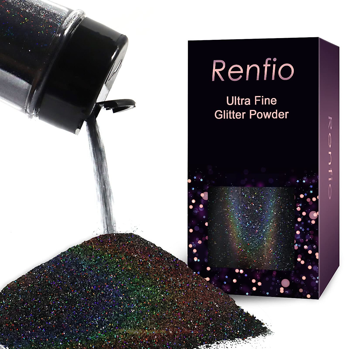 Renfio Holographic Ultra Fine Glitter Powder Metallic Resin Glitter PET Flakes Crafts Sequins 1/128" 0.008" 0.2mm Epoxy Chips Flakes for Tumblers Slime 1.75 Oz (50g) - Laser Black