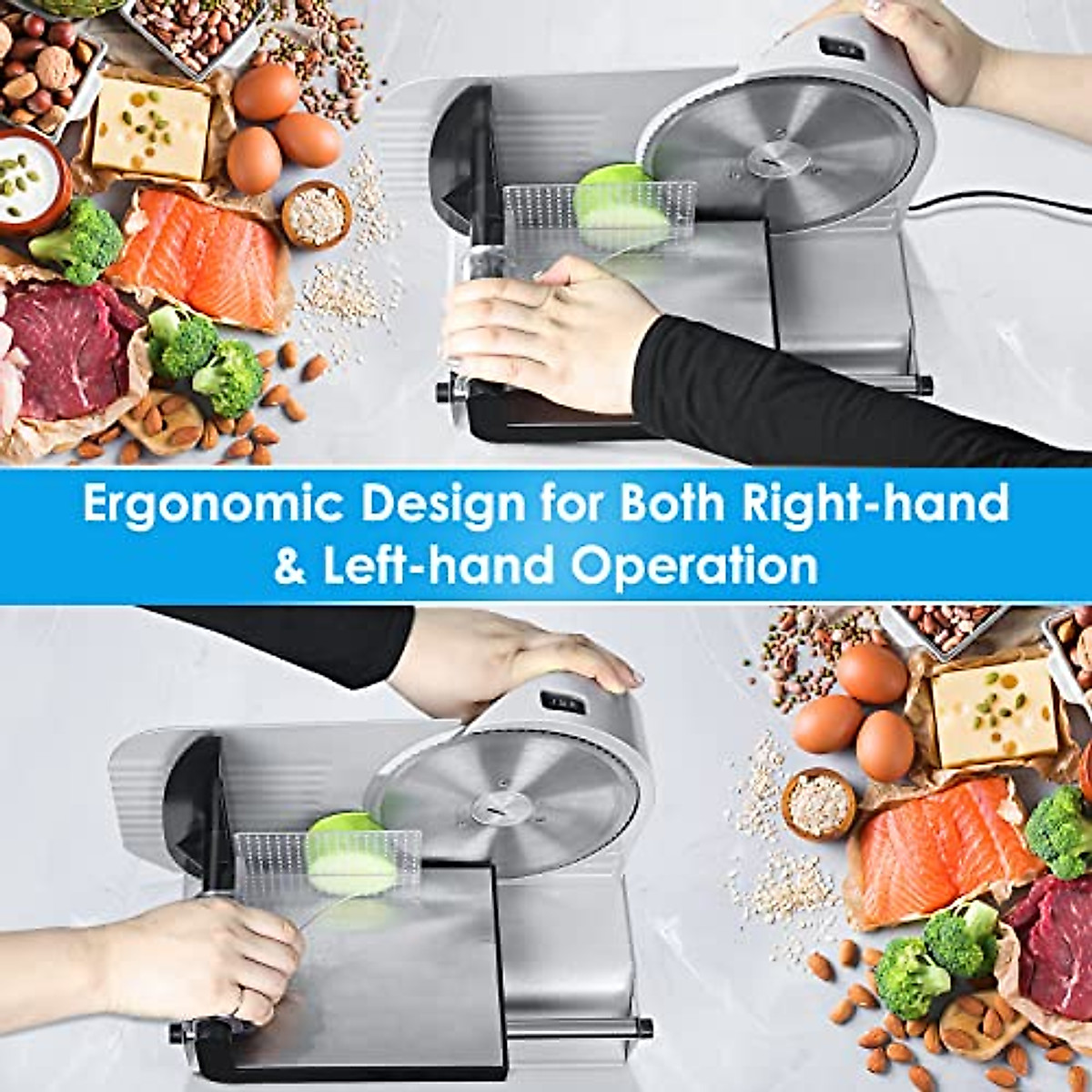 Davivy meat slicer,electric deli food slicer with two removable 7.5" stainless steel blades for cheese bread ham bacon home use with 0-15mm adjustable thickness,150W