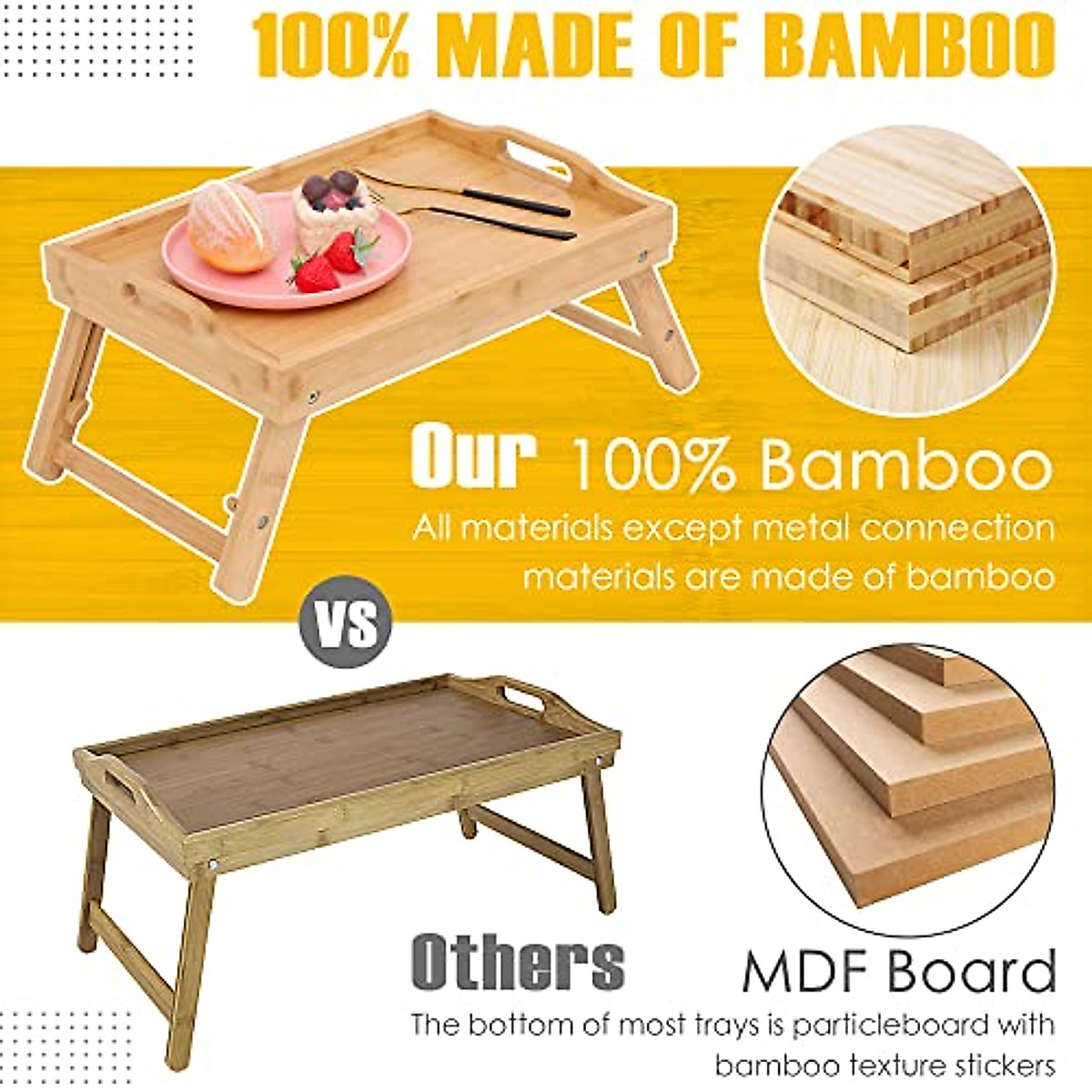 JESSILIN HOME Bamboo Bed Tray Table, Breakfast Tray for Eating with Folding Adjustable Legs & Handles, Whole Bamboo