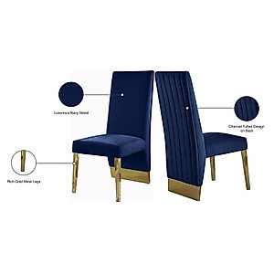 Meridian Furniture Porsha Collection Modern | Contemporary Dining Chair with Deep Channel Tufted Back and Sturdy Metal Legs, Set of 2, 19.5" W x 27" D x 42" H, Navy Velvet Upholstered