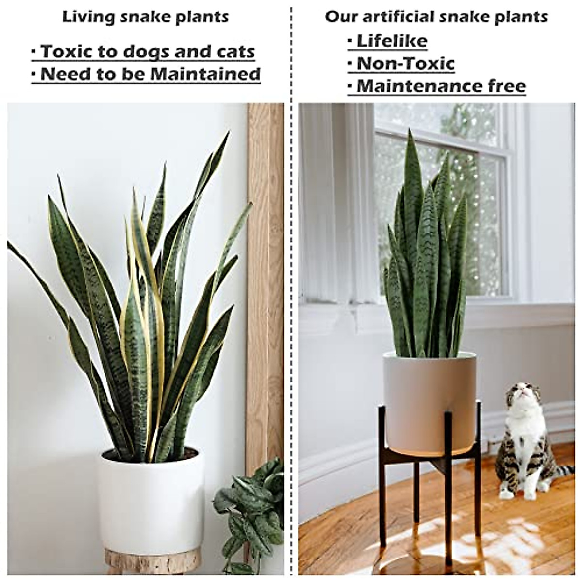 Worth Garden 3ft Artificial Snake Plant Fake Sansevieria Indoor Outdoor, 28 Thick Leaves Lifelike Faux Silk Plant, Home Decor Mother in Law Tongue Plant 35in, Black Pot & 20g Dry Moss Included, Green
