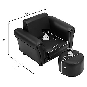 HONEY JOY Kids Couch with Ottoman, Child Size Sofa with Roundy Footstool, PU Leather, Anti-Slip Pad, Mini Toddler Toy Story Chair for Playroom Furniture (Black)
