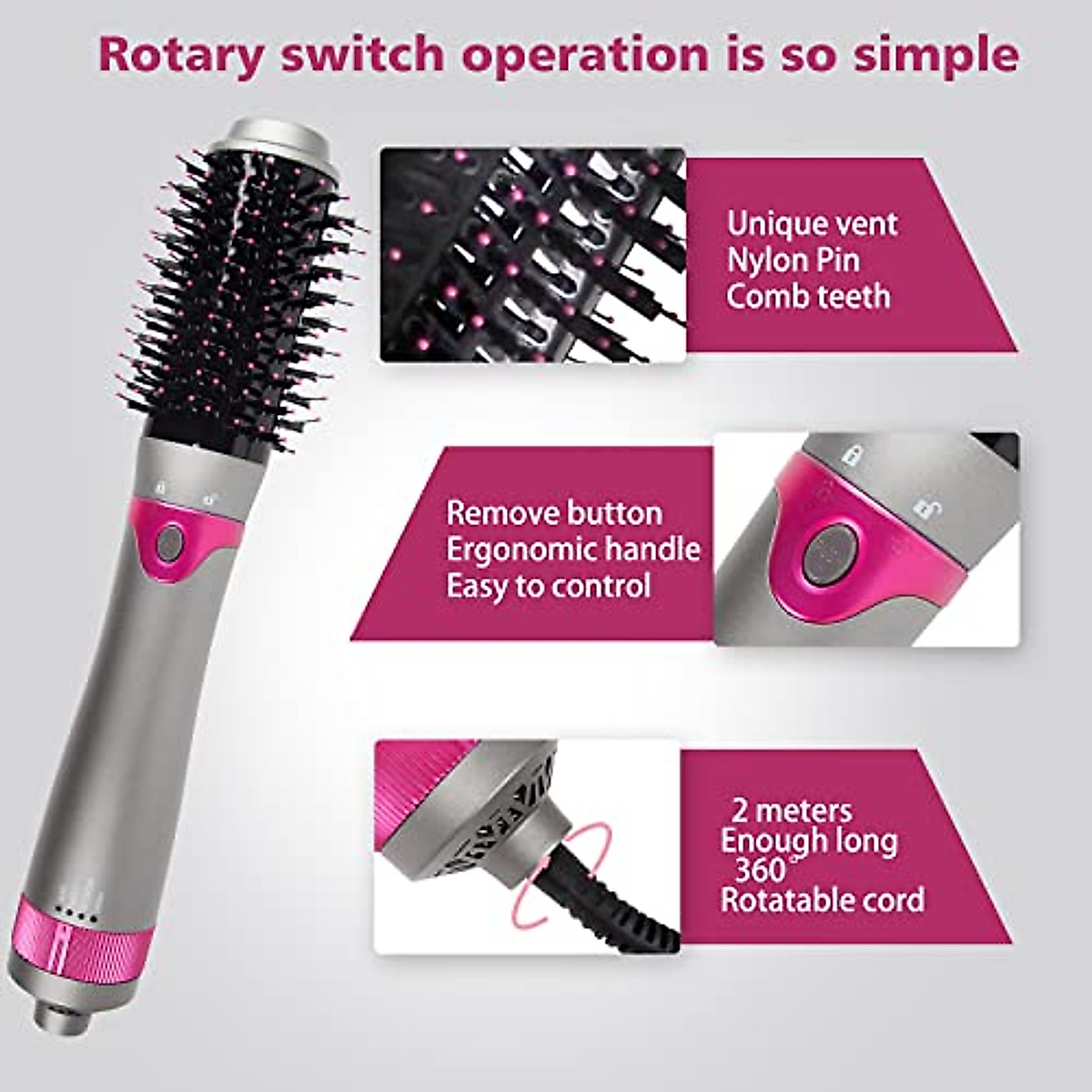 6 in 1 Hair Dryer Brush, Blow Dryer Styler with Negative Ionic Electric Hot Air, Detachable Hair Straightener & Curly Comb, Gifts for Women & Girlfriends, Gray and Pink