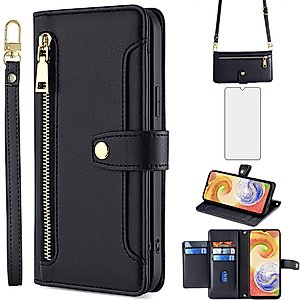 Asuwish Phone Case for Samsung Galaxy A04 Wallet Cover and Tempered Glass Screen Protector Zipper Card Holder Slot Stand Magnetic Leather Cell Accessories Flip Protective Ao4 A 04 4G Women Men Black