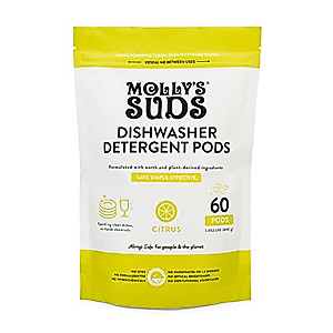 Molly's Suds Dishwasher Pods | Natural Dishwasher Detergent, Cuts Grease & Rinses Clean (Residue-Free) for Sparkling Dishes, Biodegradable Auto-Release Tabs (Citrus - 60 Count)