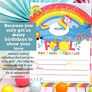Unicorn Pool Float Rainbow Birthday Party Invitations, 20 5x7 Fill In Cards with Twenty White Envelopes by AmandaCreation