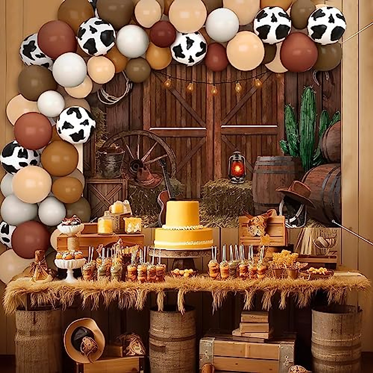 Vansolinne Western Party Decorations Wild West Balloon Arch Kit Horse Barn Fabric Cowboy Banner for My First Rodeo Birthday Photography Background Western Theme Baby Shower Supplies