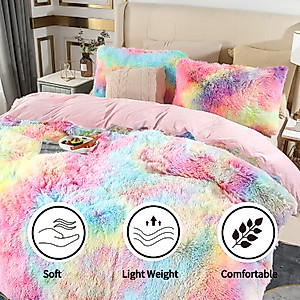 RYNGHIPY 3Pcs Rainbow Girls Bedding Sets Twin Size Ultra Soft Long Hair Plush Shaggy Duvet Cover with Pillowcases Colorful Tie Dye Bedding Set with Hidden Zipper Closure (Colorful Pink,Twin)