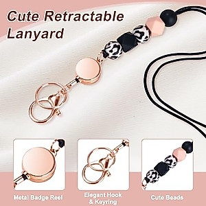 kioooki Rectractable Lanyards for ID Badges and Keys with ID Holder, Cute Beaded Teacher Lanyard with Badge Reel, Breakaway Cruise Lanyard for Women with 6 Clear Badge Holders