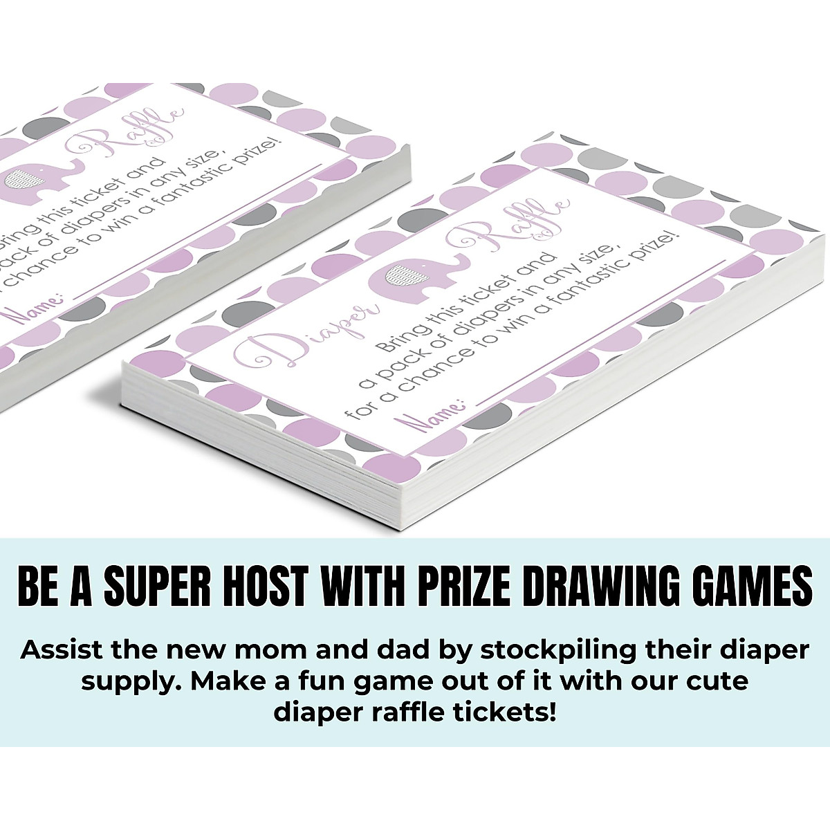 Purple Elephant Diaper Raffle Tickets, Girls Baby Shower Games for Prizes, Baby Shower Diaper Raffle Invitation Insert Cards, 25 Pack