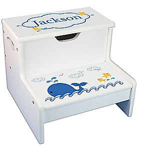 Personalized Blue Whale White Childrens Step Stool with Storage