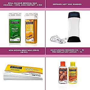 Depimiel Soft Wax Kit - Wax Roller with Warmer and Wax Strips - Wax Roll-On with Before and After Depilatory Lotions - Roller Wax for Legs, Arms, Bikini, Face - Gentle At-Home Waxing Kit