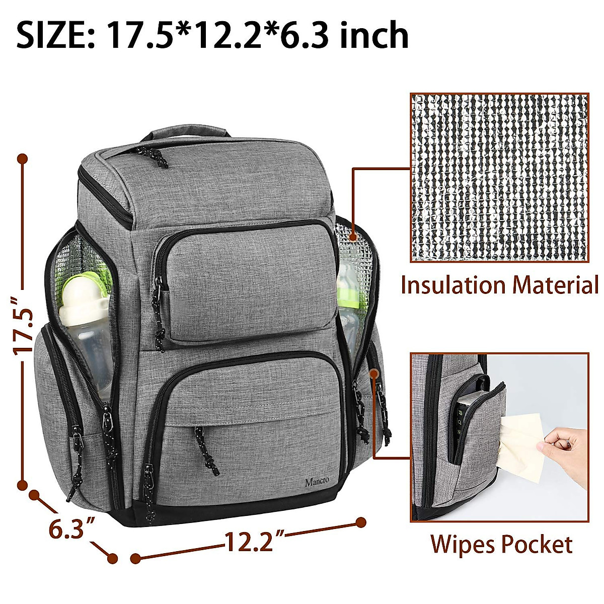 Mancro Diaper Bag Backpack, Large Bady Bag, Multifunction Maternity Baby Nappy Bag for Dad & Mom with Changing Pad, USB Charging Port, Insulated Pockets, Laptop Pocket and Stroller Straps